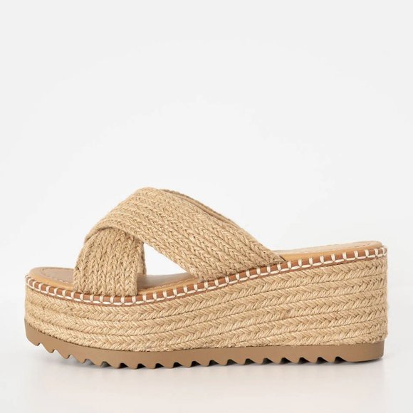 Soda | Shoes | New Natural Jute Raffia Open Toe Slide Sandal Med Wedge ...